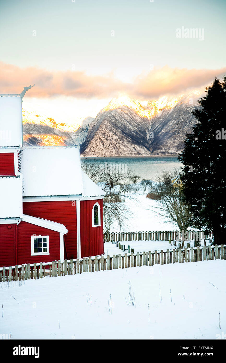 Traditional red church building in the village; Ortnevik, Sognefjord ...