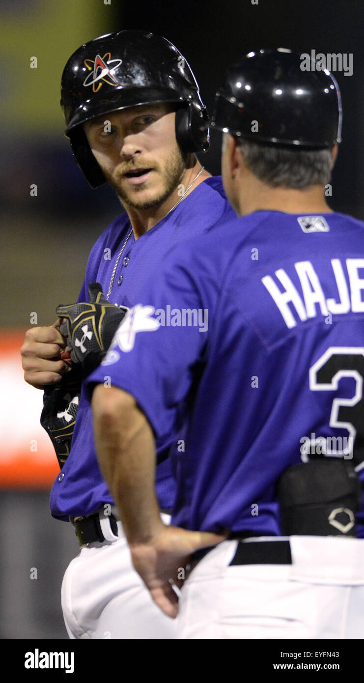 Usa. 28th July, 2015. SPORTS -- Trevor Story gives his gloves to first ...