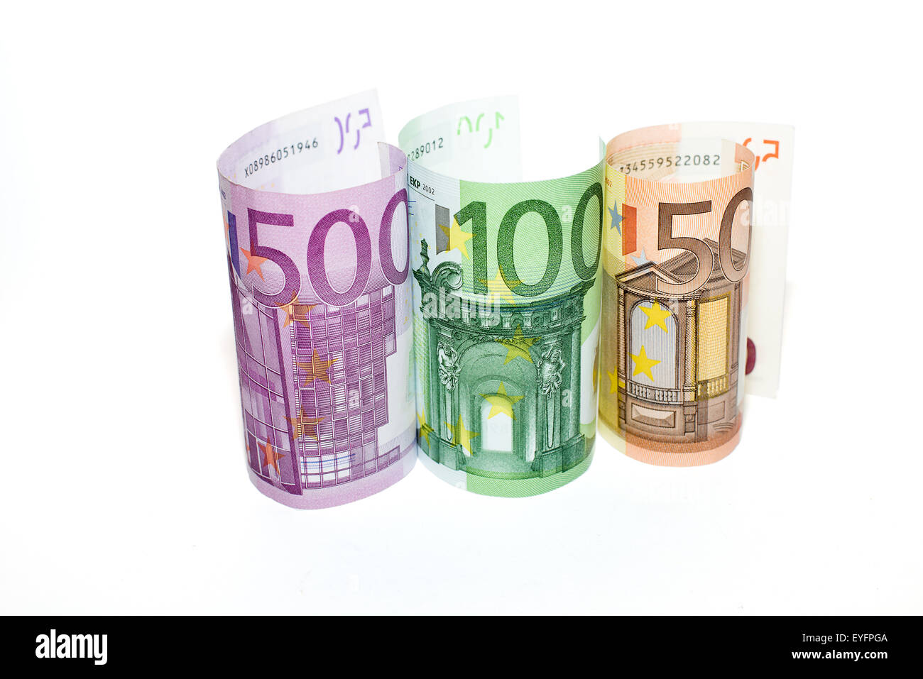 EURO-banknotes of various denominations on a white background Stock ...
