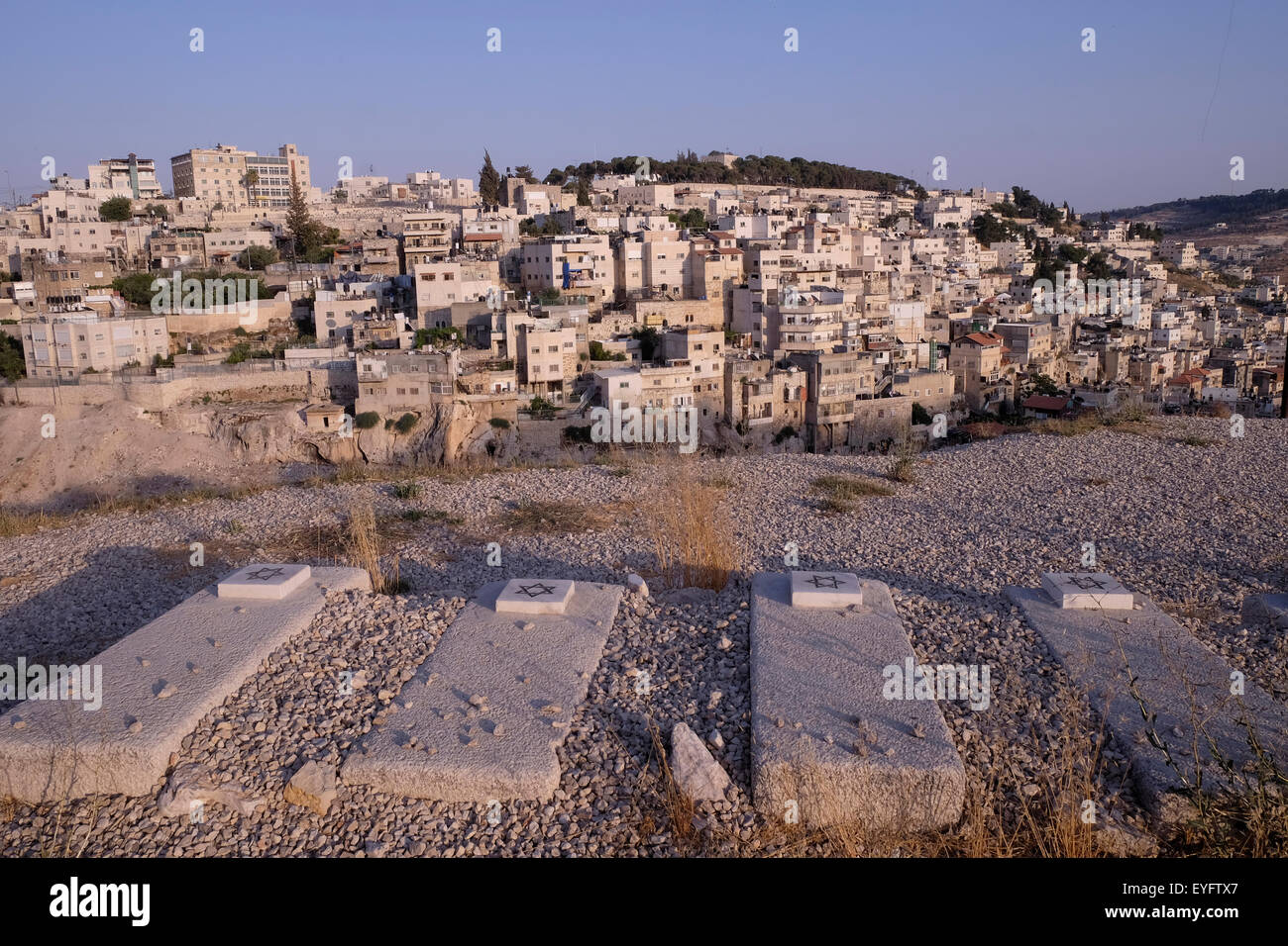 View of old Jewish Tombs and the Palestinian neighborhood of Silwan or ...