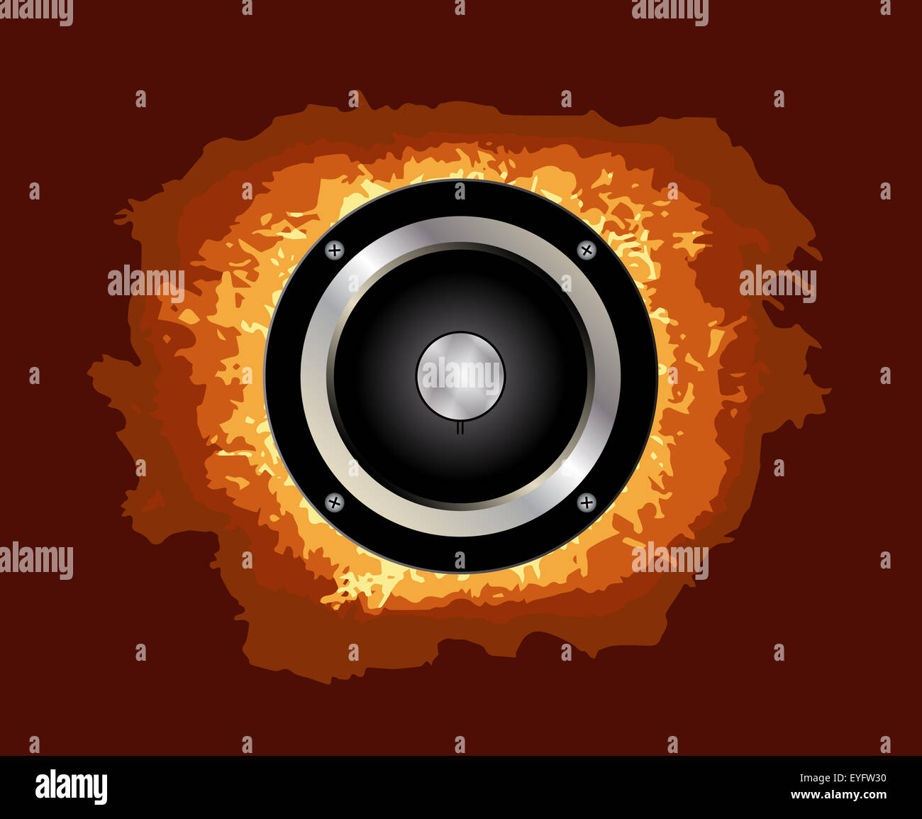 A typical rock band loudspeaker with burning explosion behind Stock ...