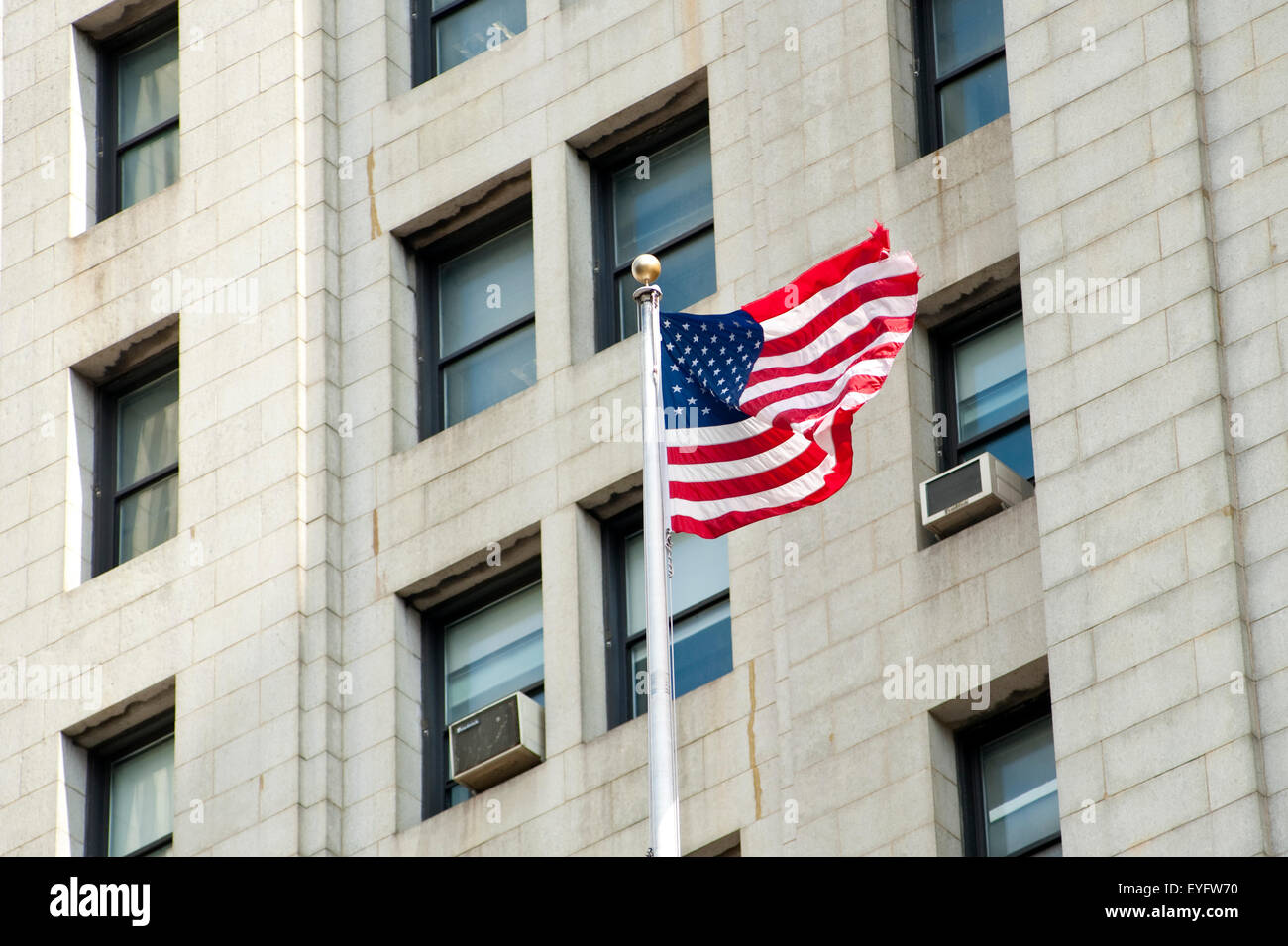 American Flag Waving In Front Of A Building Facade, Manhattan, New York ...