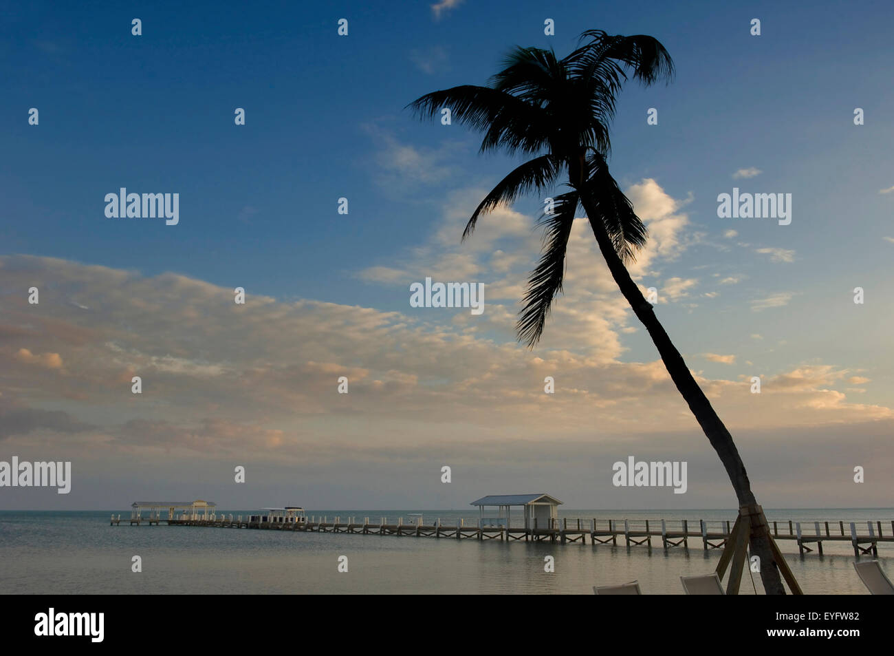 USA, Florida, Florida Keys, Sunrise over pier and boat dock; Islamorada ...