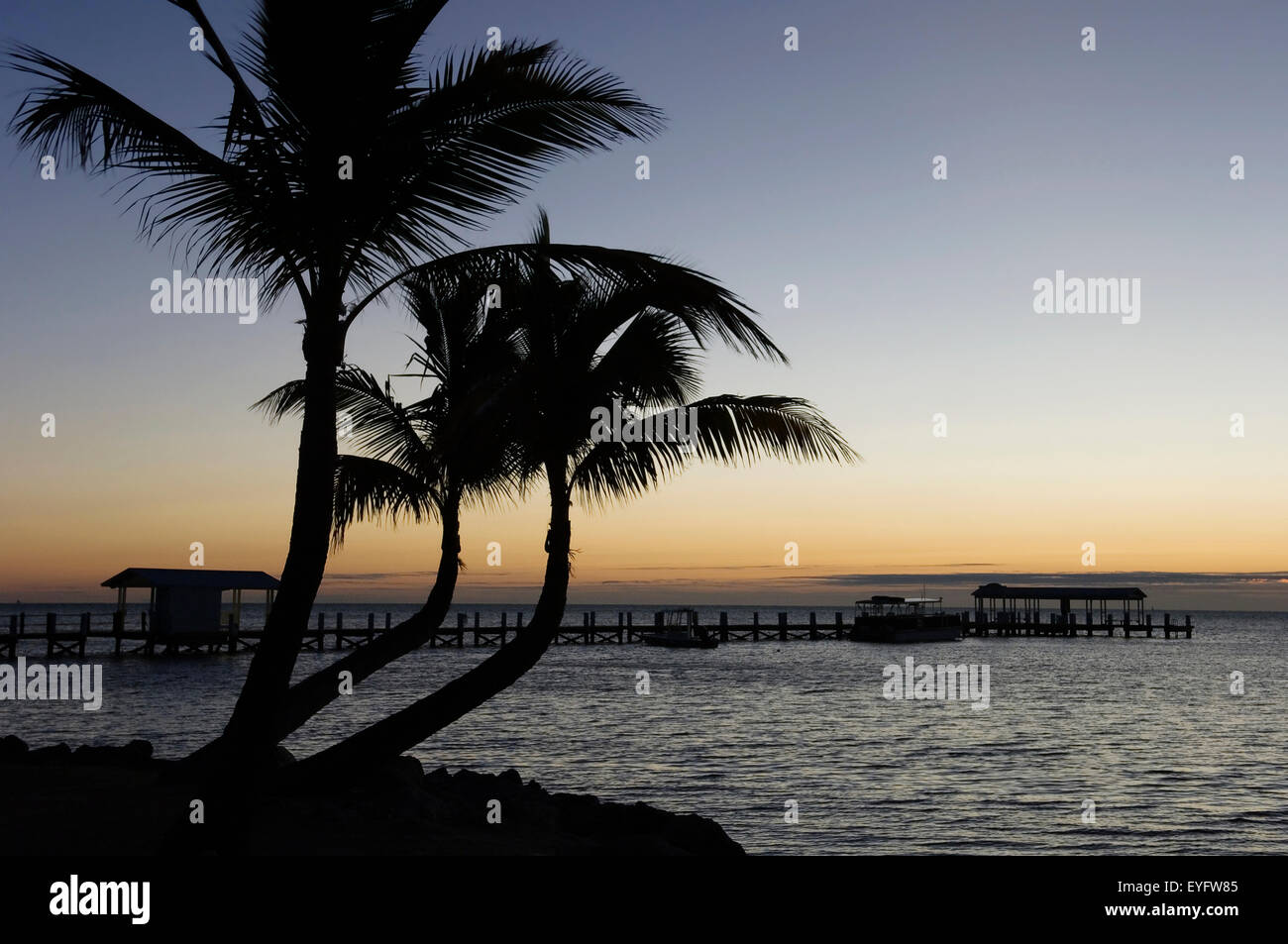 USA, Florida, Florida Keys, Sunrise over pier and boat dock; Islamorada ...