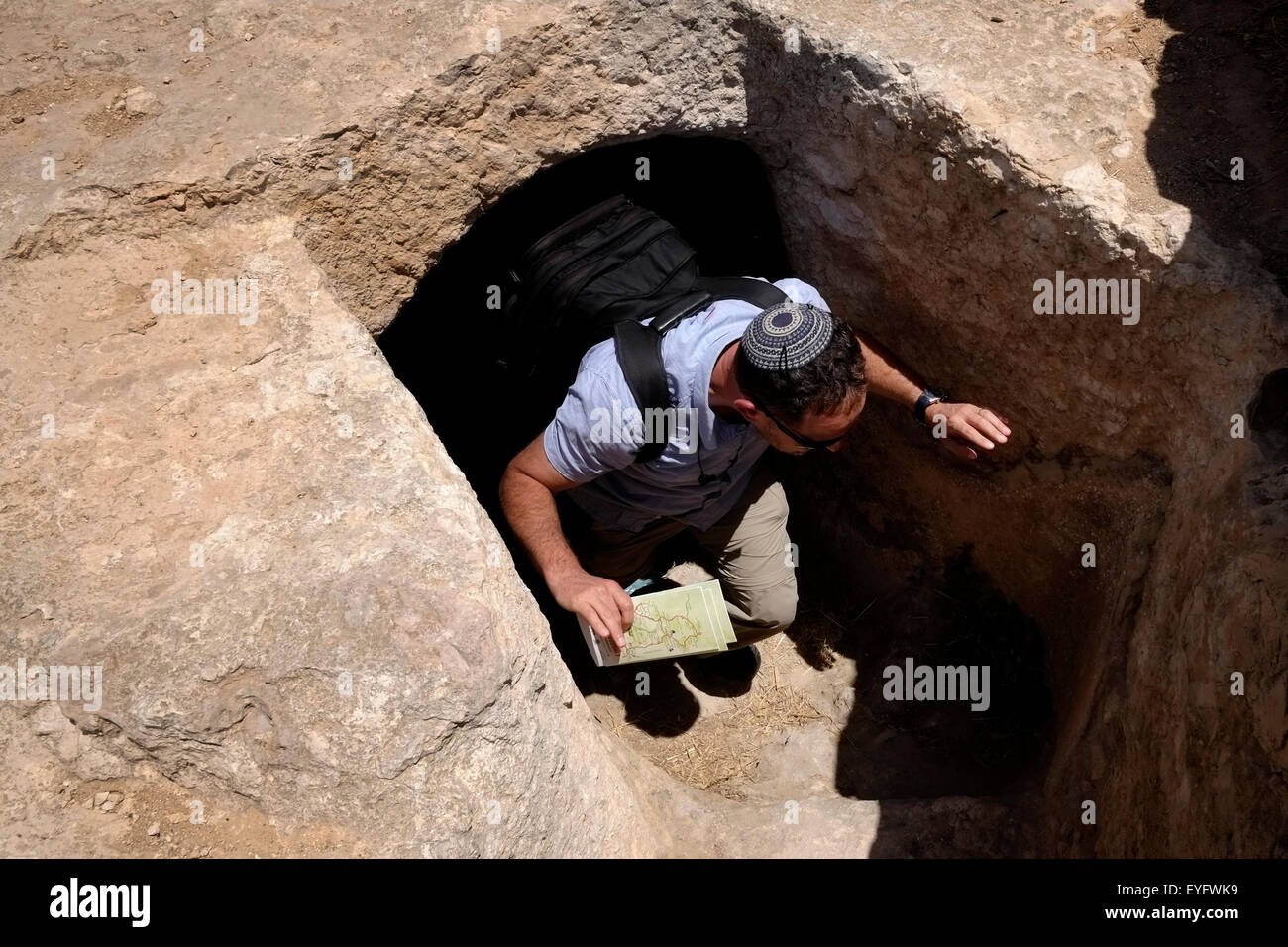 An Israeli religious man at the ancient synagogue of Susya or Susiya ...