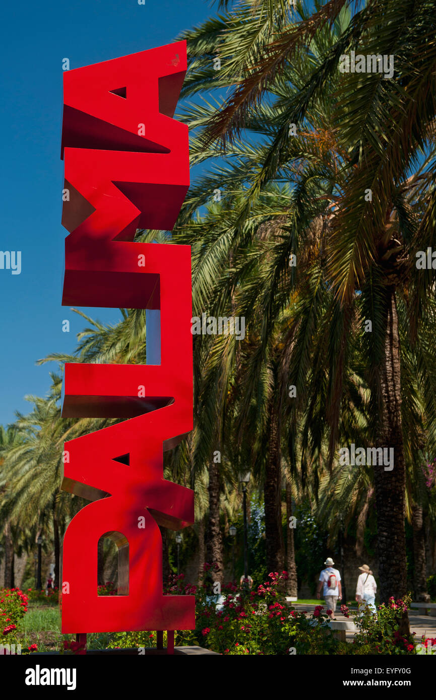 Spain, Majorca, Large Palma sign beside avenue of palm trees; Palma ...