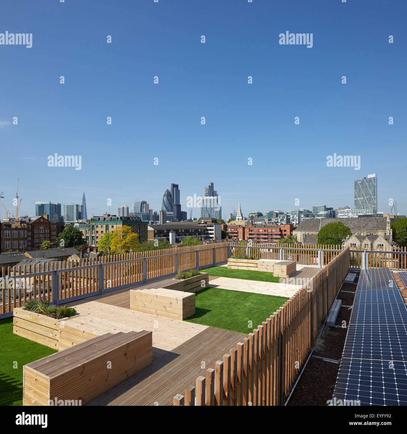 Balcony with solar panels and view towards City of London. Peabody ...