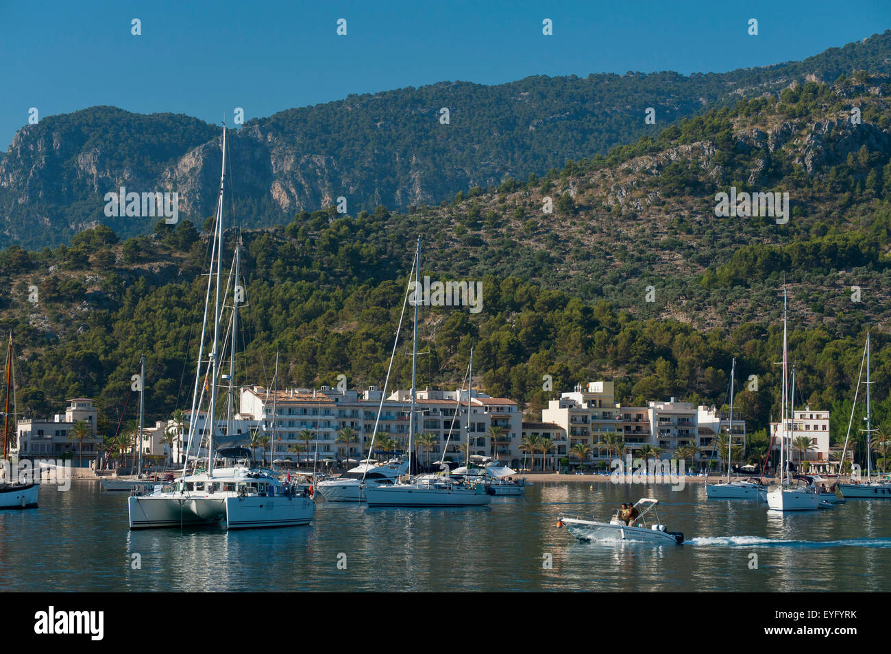 Spain, Boats in harbor of Port Soller; Majorca Stock Photo - Alamy