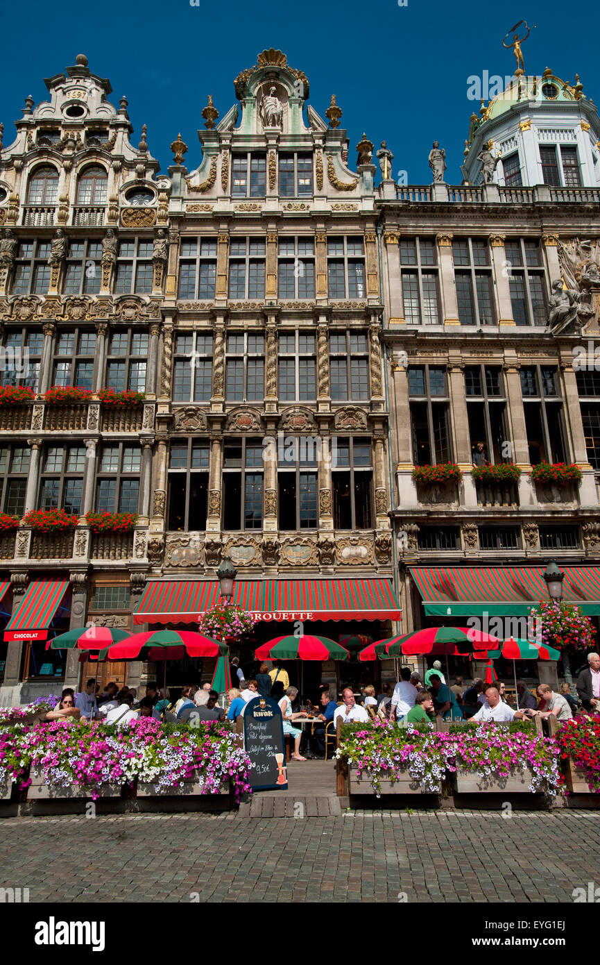 Belgium, People eating and drinking in outside cafes in Grand Place ...