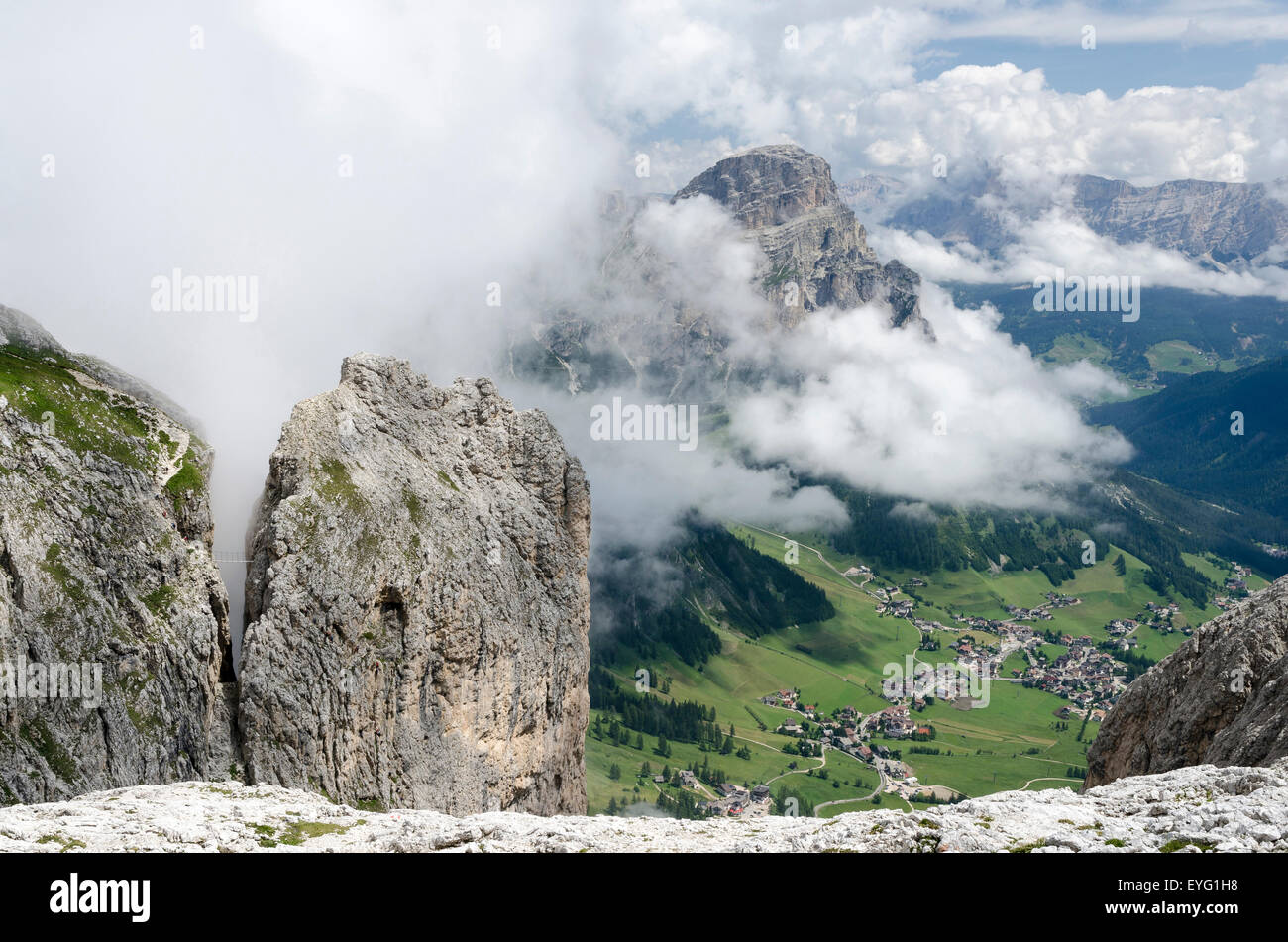 Italy Dolomites rope bridge via ferrata Tridentinabetween Exner rock ...