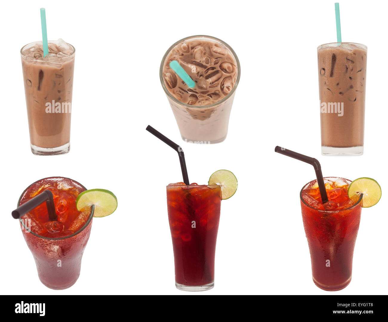 Ice milk chocolate and Ice lemon tea sweet drink isolated on white ...