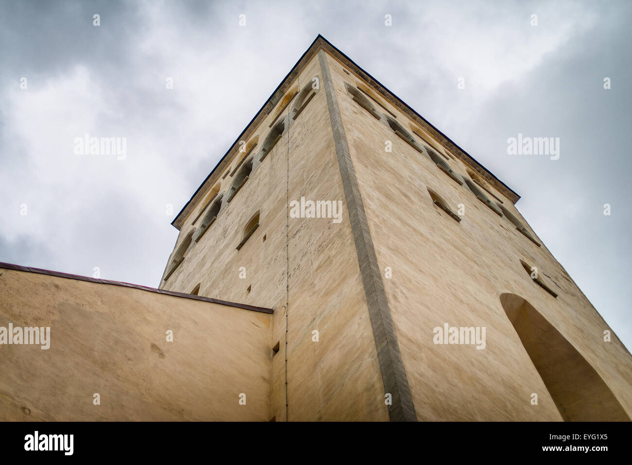 Perspective view of old castle tower and wall Stock Photo - Alamy