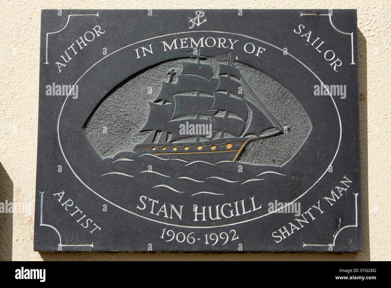 UK, Wales, Gwynedd, Aberdovey, Plaque in memoriam of Stan Hugill ...