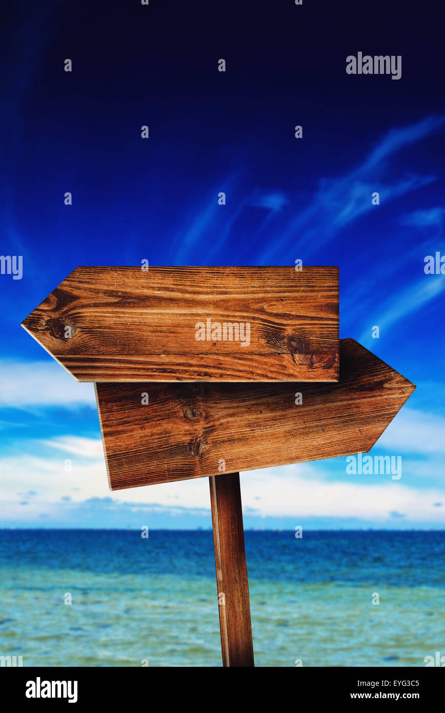 Direction Signpost on Seaside Beach, Rustic Wooden Blank Sign in ...