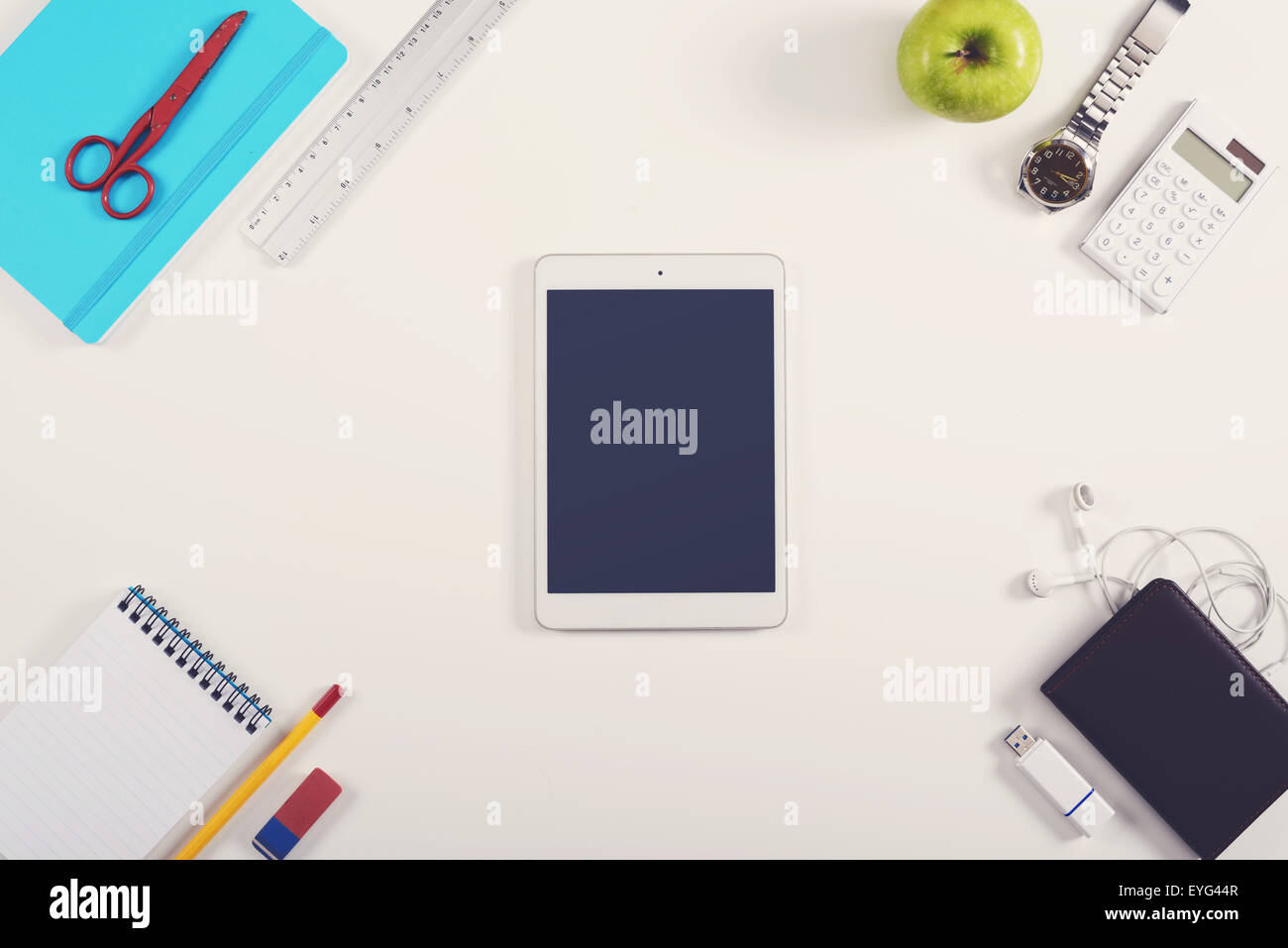 Top view of office tablet hero header Stock Photo - Alamy