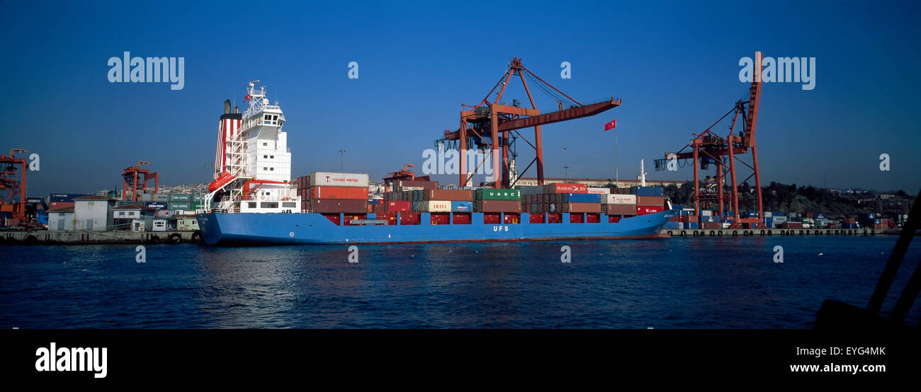 Turkey, Panoramic Shot Of Container Ship Being Unloaded Istanbul Docks ...