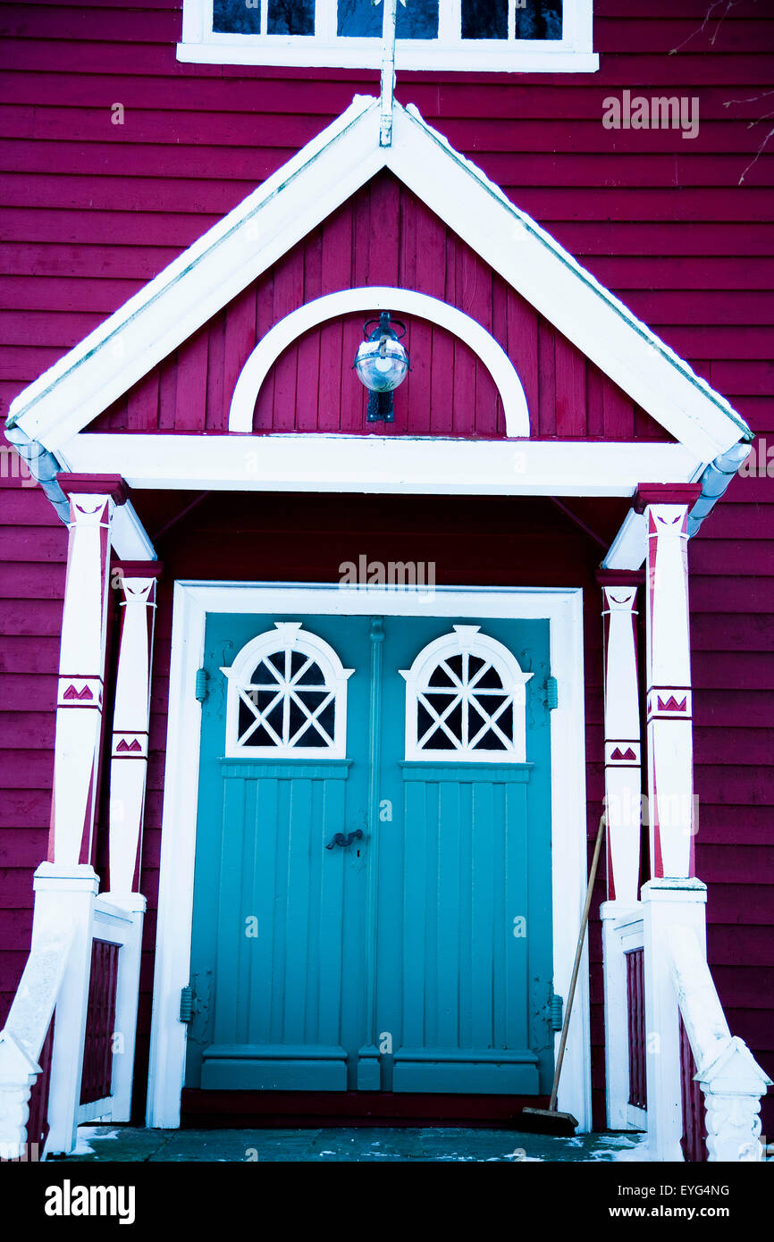Norway, Sognefjord, winter/ snow; Ortnevik, in village, Traditional red ...