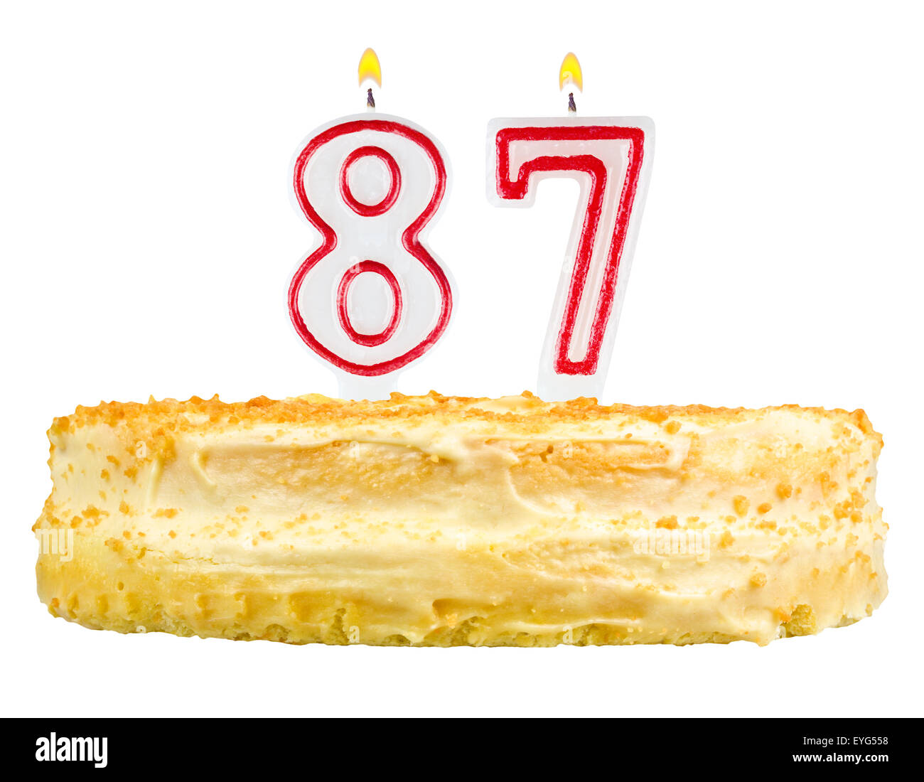 birthday cake with candles number eighty seven isolated on white ...