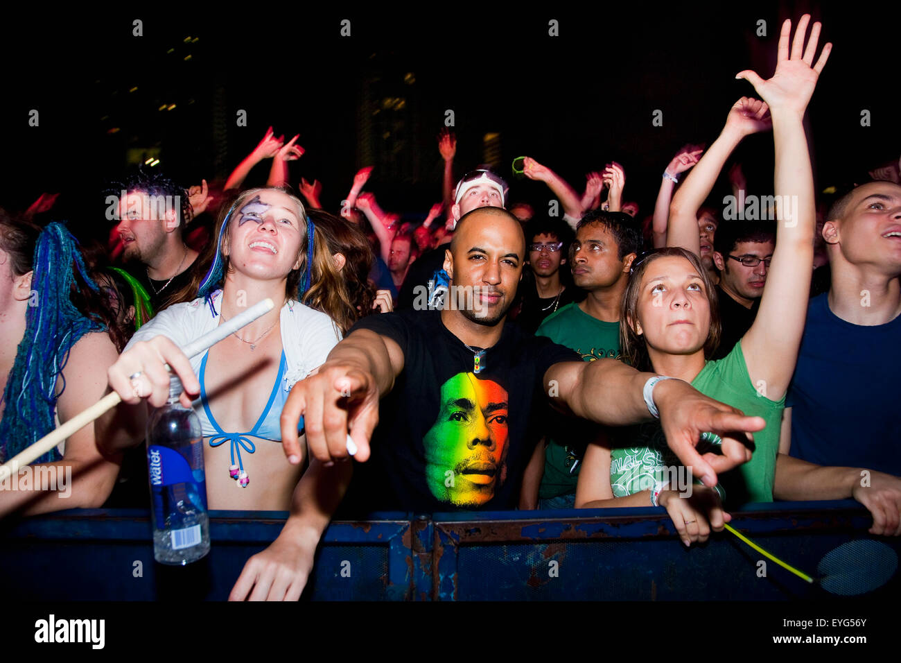 USA., Florida, Downtown; Miami, dancing at Ultra Music Festival ...