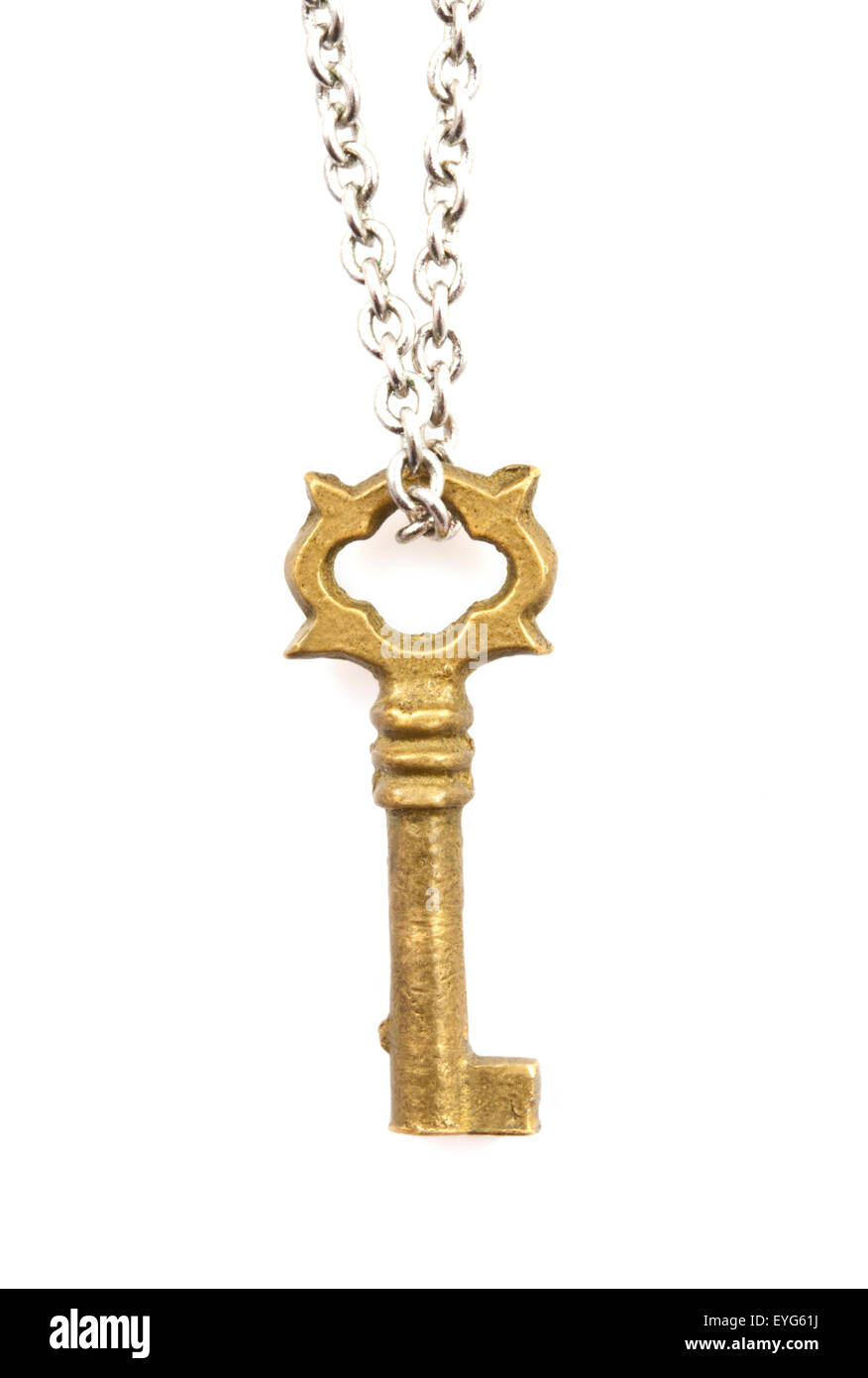 Old little golden key hanging on silver chain over white Stock Photo ...