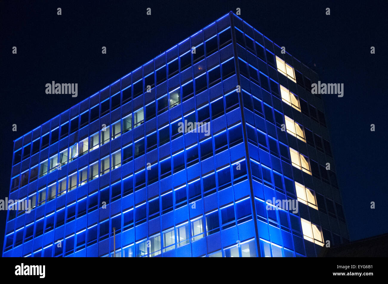 An office building in Nottingham City Centre lit up at night ...