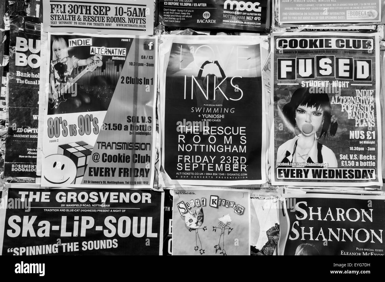 Music gig posters on a wall in Nottingham City Centre, Nottinghamshire ...