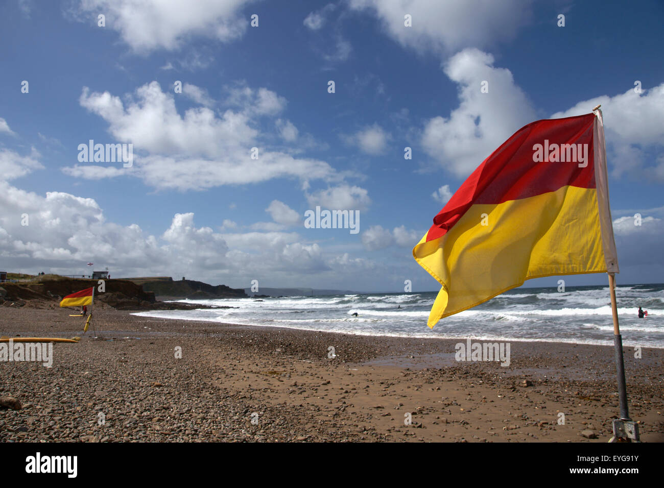 Lifeguards Flags Indicating Safe Bathing, Bude, North Cornwall, England ...