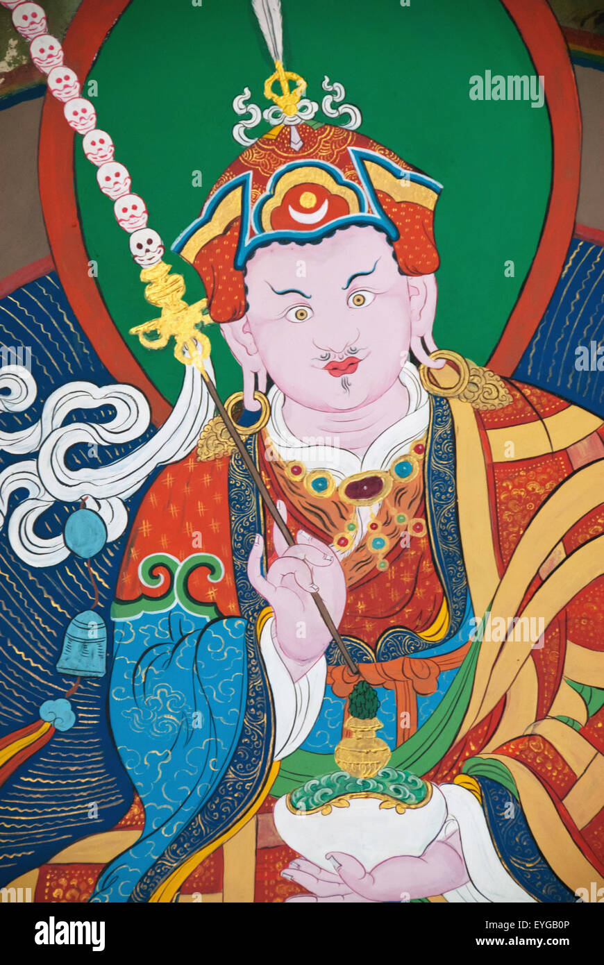 India, West Sikkim, near Pell, Detail of mural of Guru Rinpoche at ...