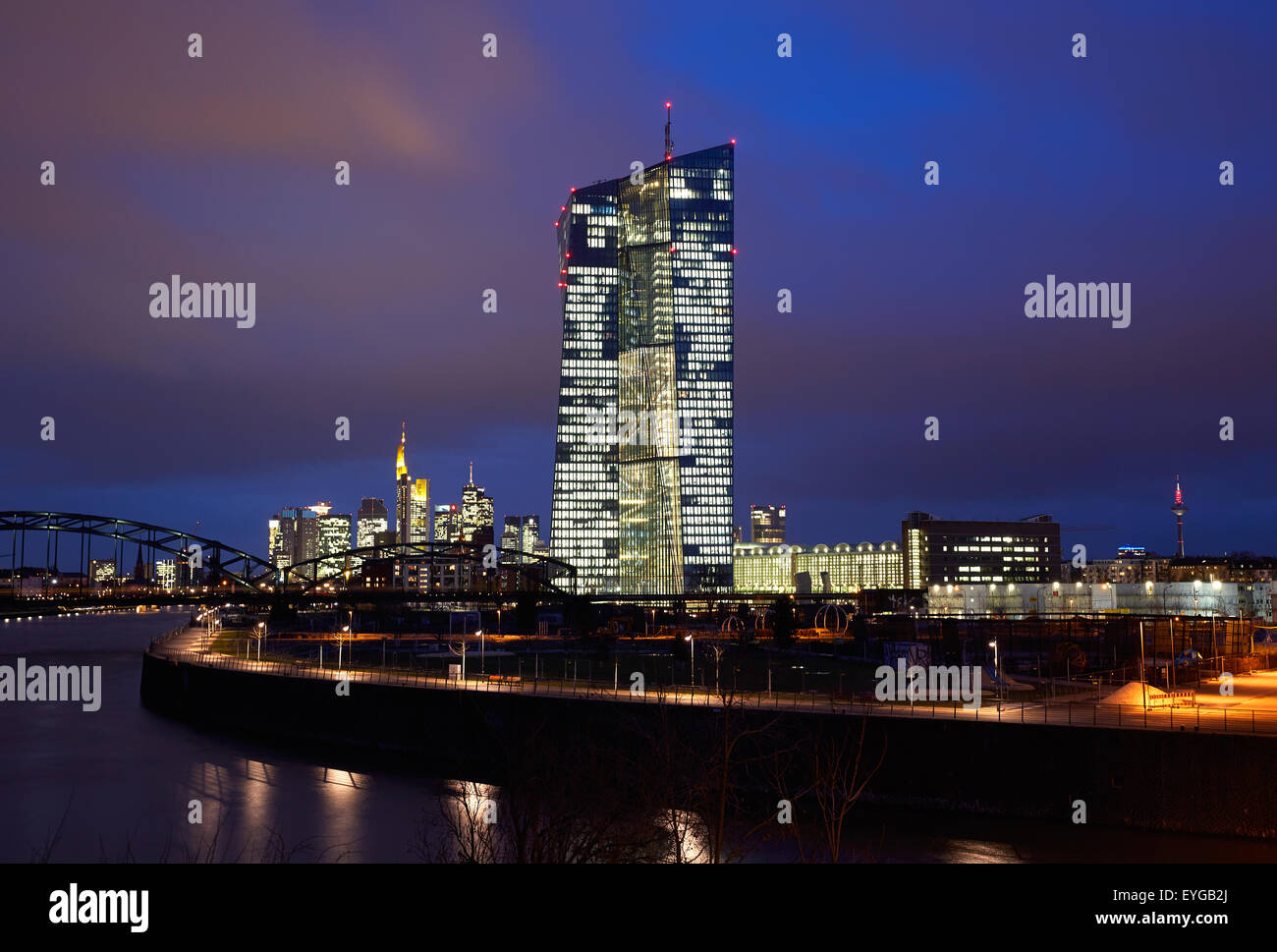 Frankfurt am Main, Germany, the building of the ECB on a glass sheet ...