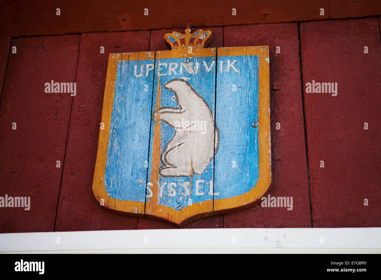 Denmark, Greenland, Coat of arms with polar bear in Upernarvik ...