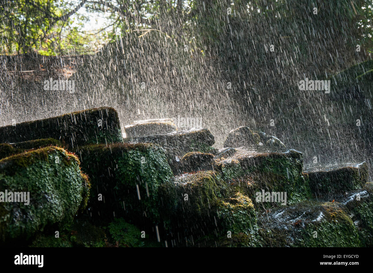 Heavy rain bouncing off rocks at Lumsdale Fall in Derbyshire, Peak ...
