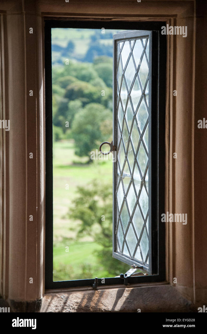 Glass window at Haddon Hall in Bakewell, Derbyshire England UK Stock ...