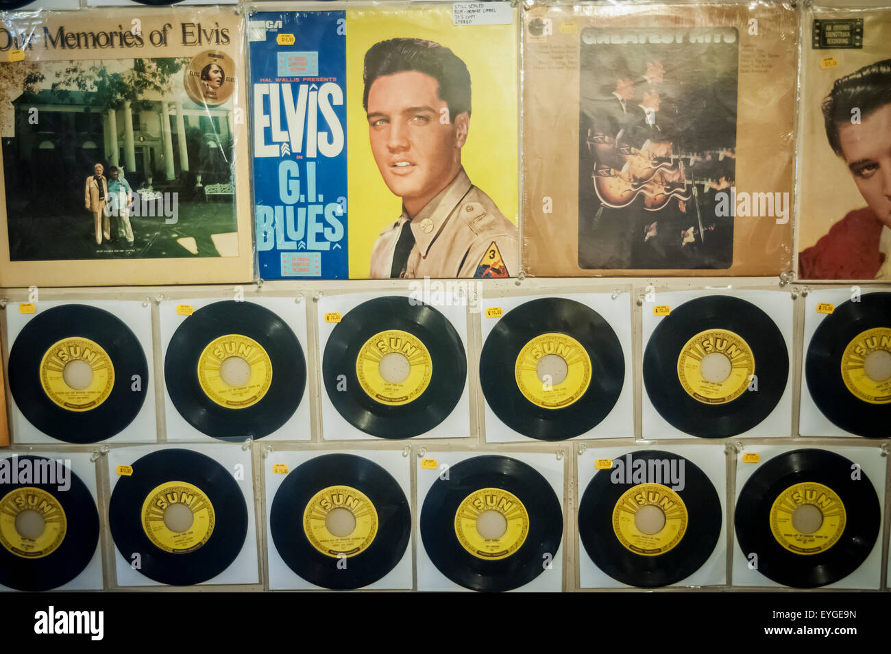 USA, Tennessee, Sun Studio interior with collection of Elvis vinyls ...