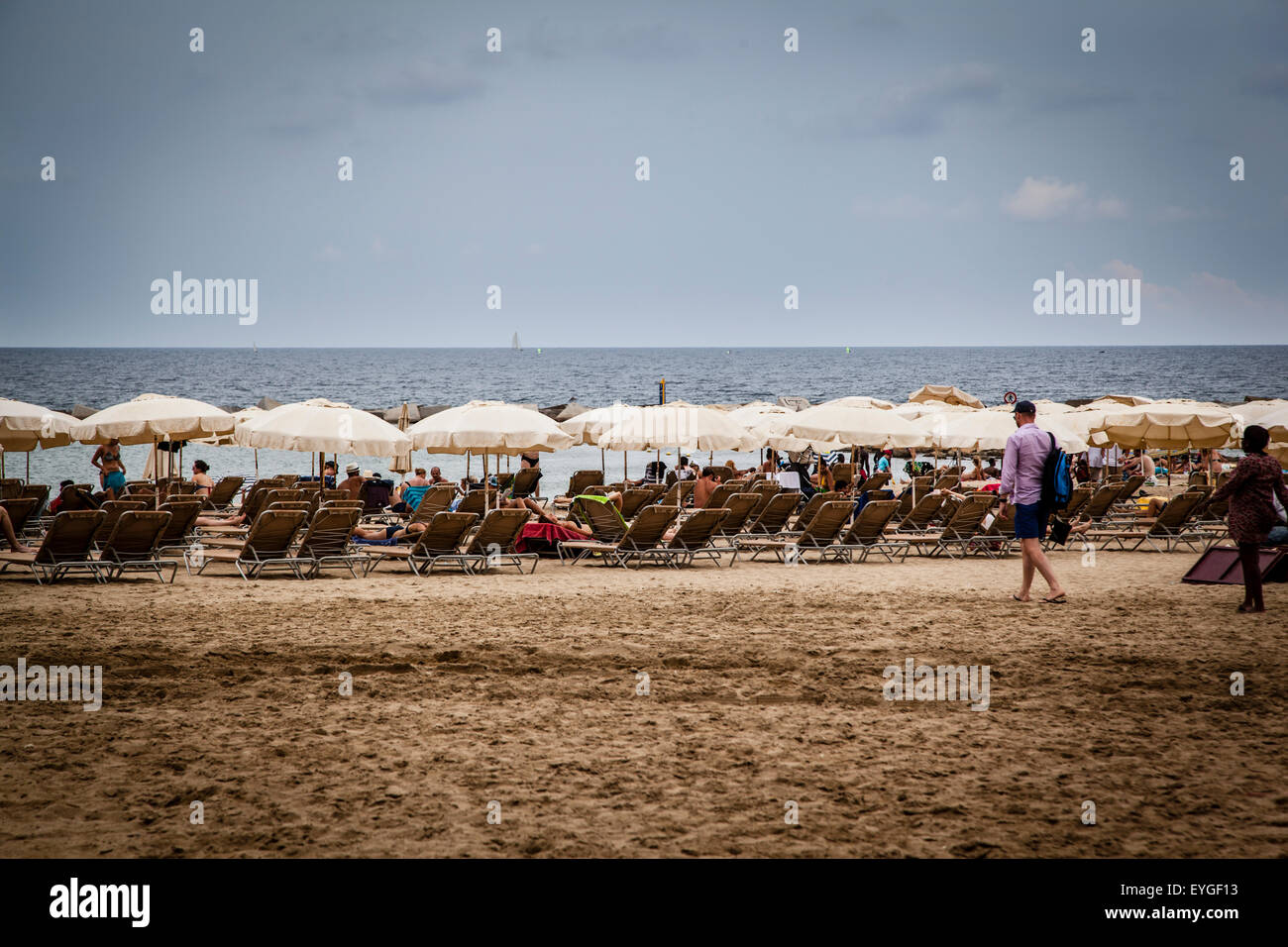 Sun loungers and straw shade umbrellas on a beach by the Mediterranean ...