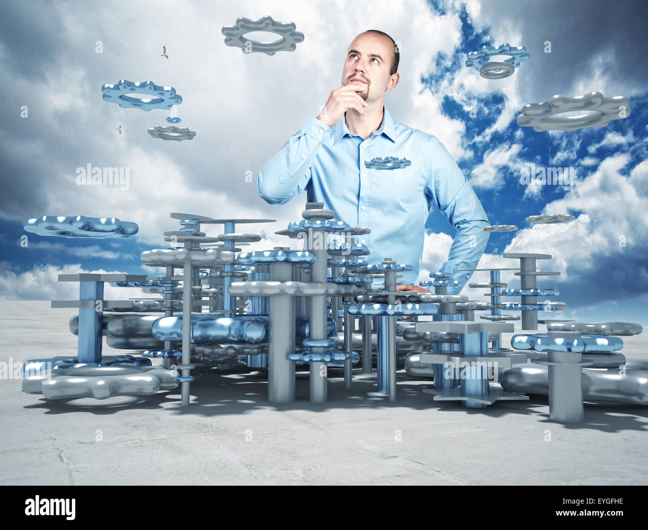 portrait of thinking man and 3d plan Stock Photo - Alamy