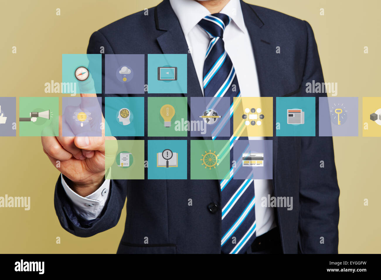 Hand of business man pressing compass icon on a toolbar on a ...