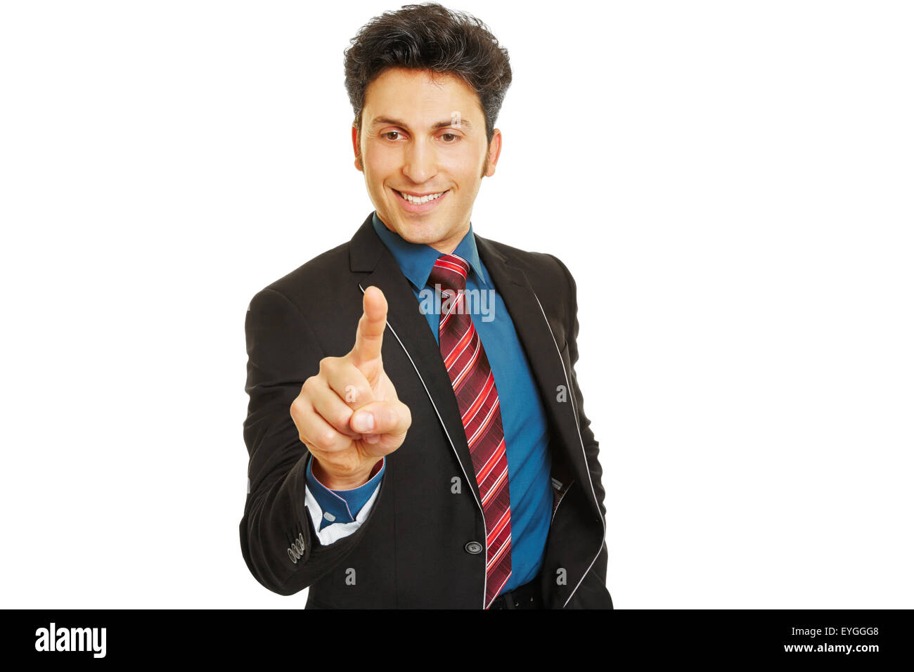 Smiling business man pushing with index finger on a touchscreen Stock ...