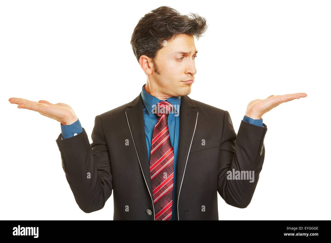 Manager with two open flat hands making a decision Stock Photo - Alamy