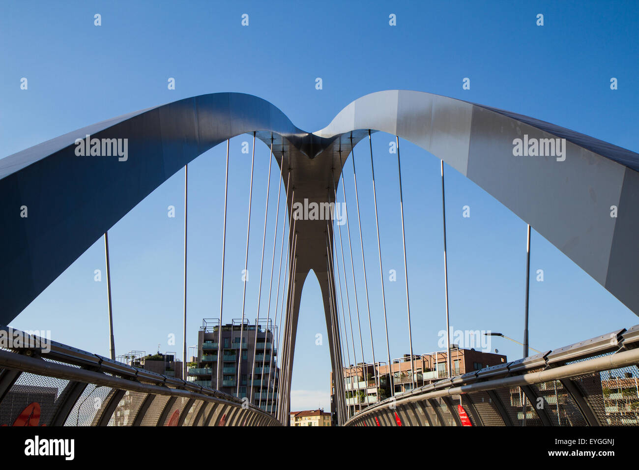 new modern footbridge with supporting arches and steel bulkheads Stock ...