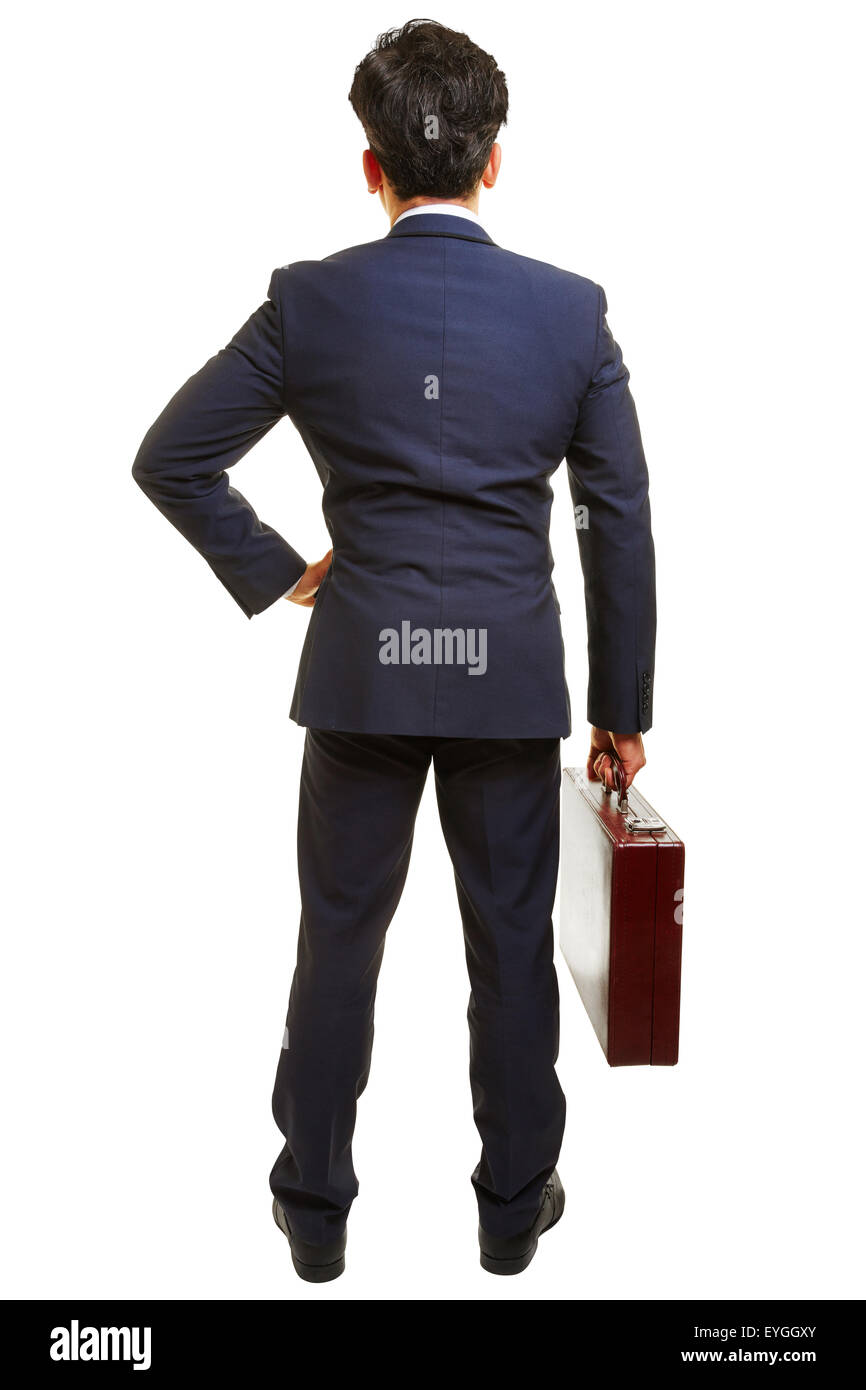 Business man from behind with briefcase isolated on a white background ...