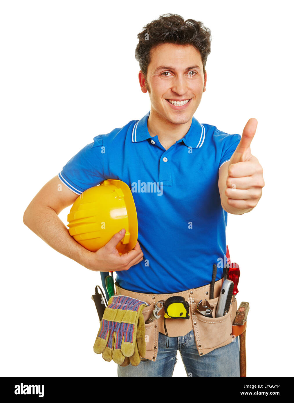 Happy worker with hardhat holding his thumbs up Stock Photo - Alamy