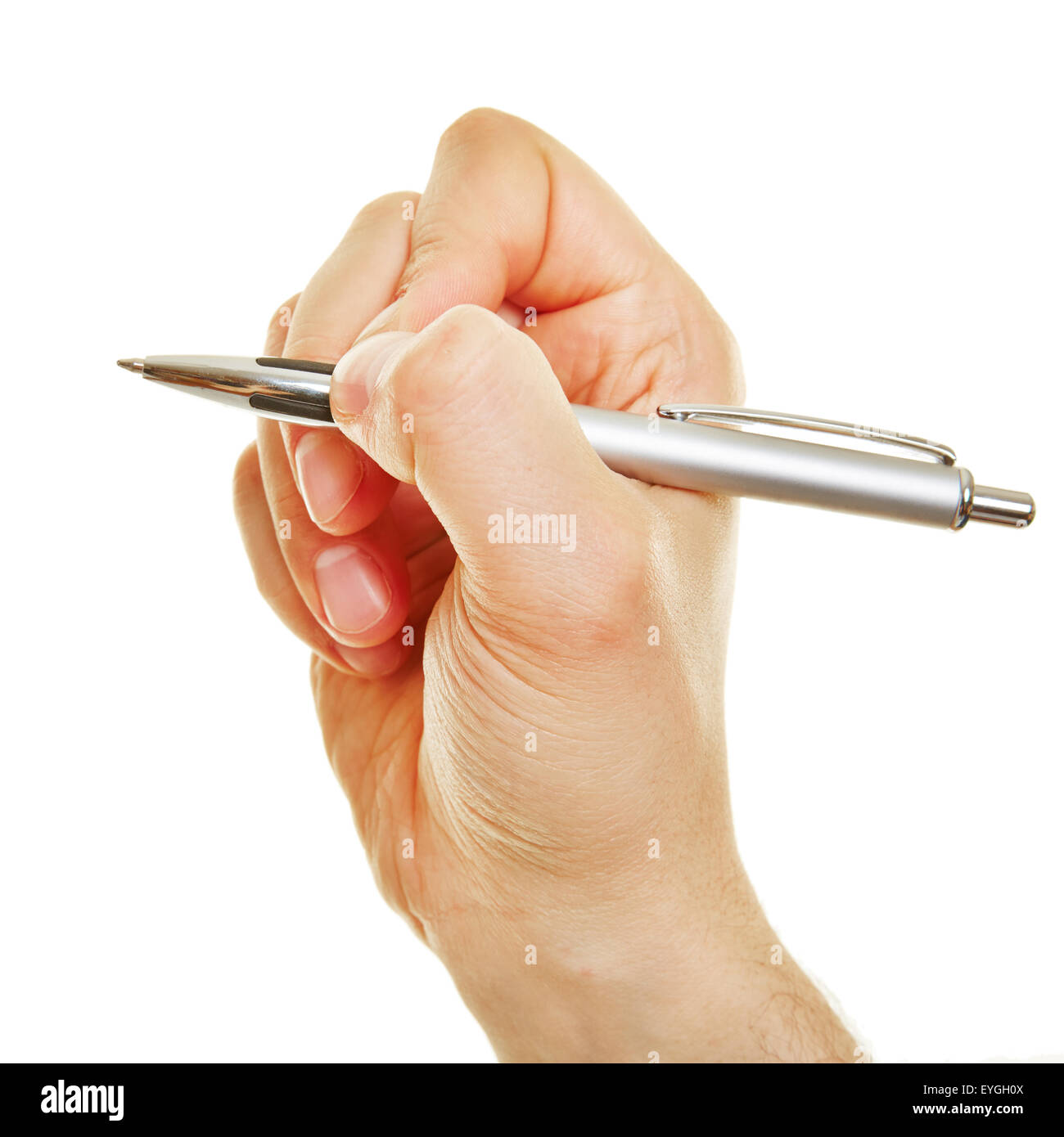 Side view of hand holding a ballpoint pen betweeen the fingers Stock ...