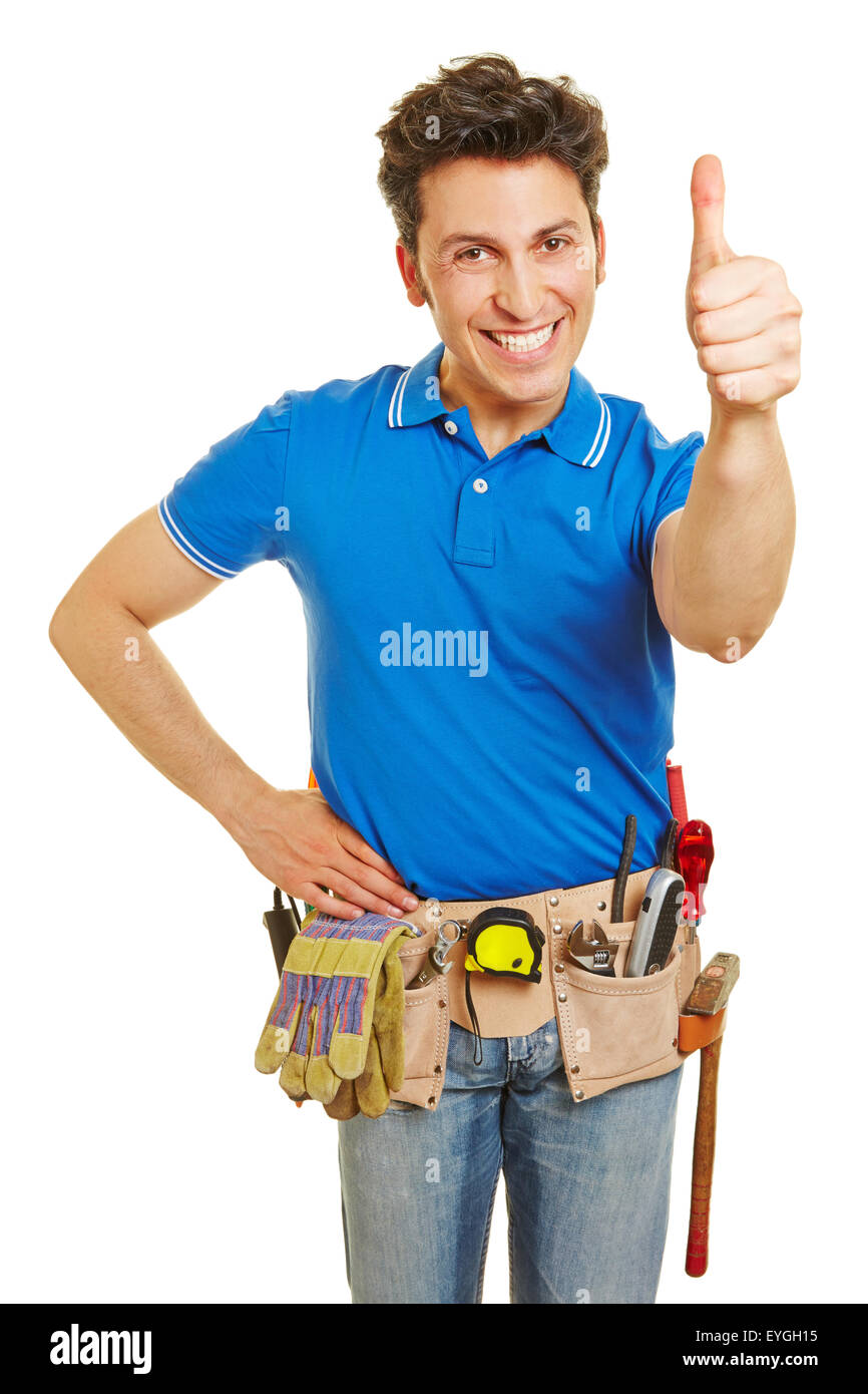 Happy handyman with tool belt holding thumbs up Stock Photo - Alamy