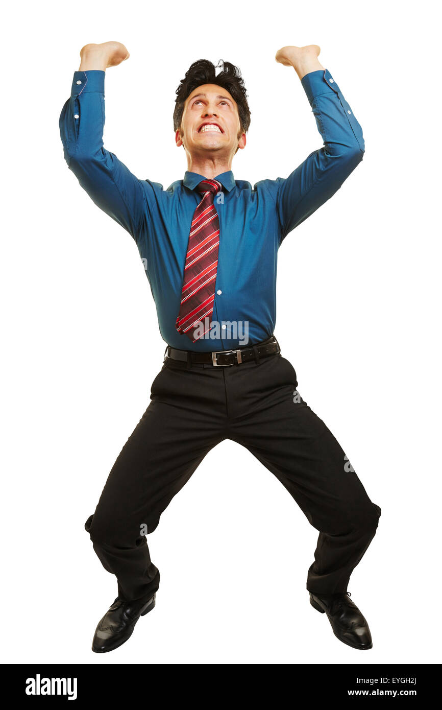 Business man lifting up an invisible object over his head Stock Photo ...