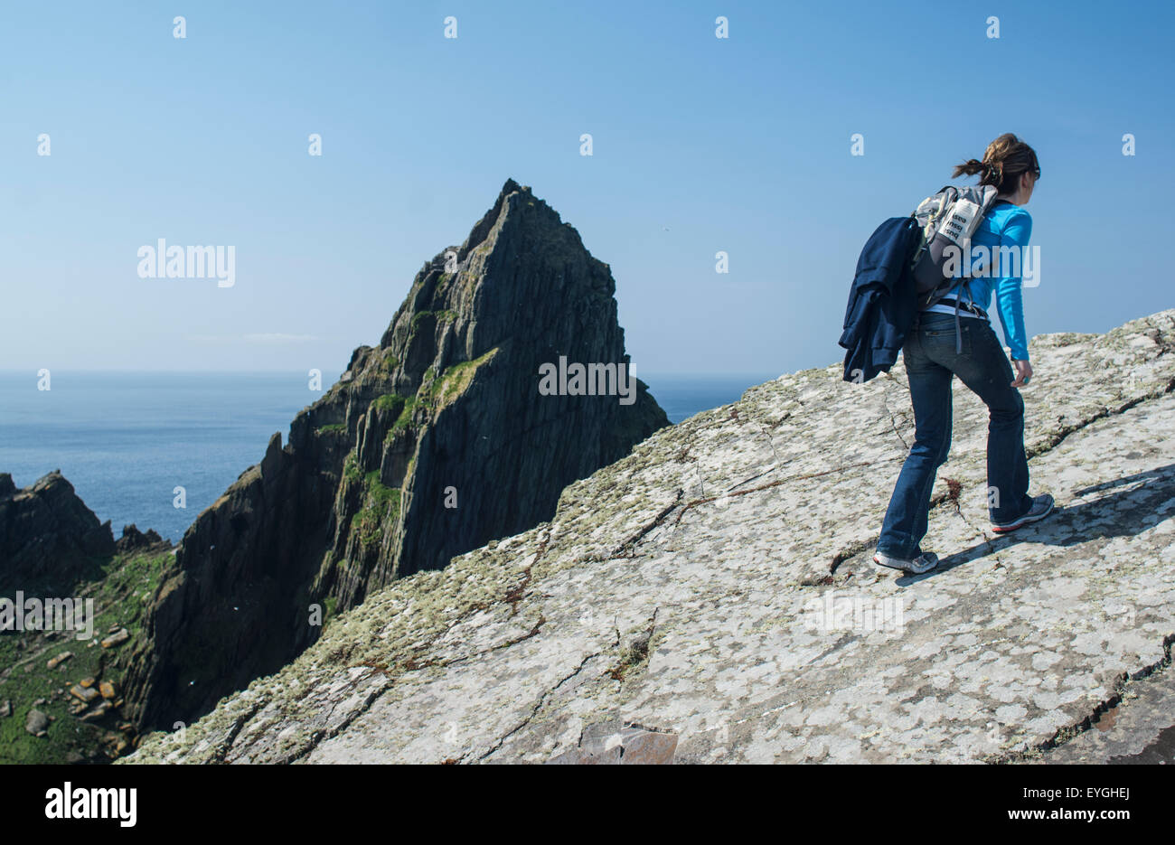 Tourist on top of Skellig Michael; Skellig Islands, County Kerry ...