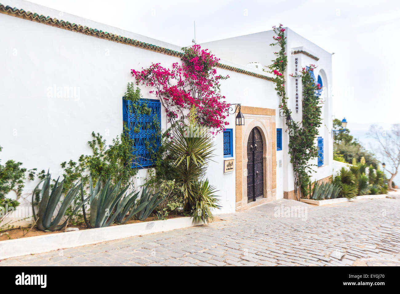 Sidi Bou Said - typical building with white walls, blue doors and ...