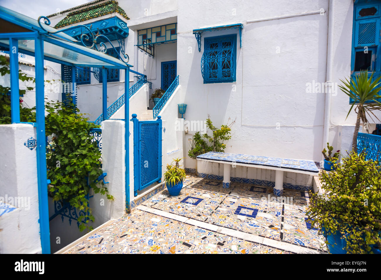 Sidi Bou Said - typical building with white walls, blue doors and ...
