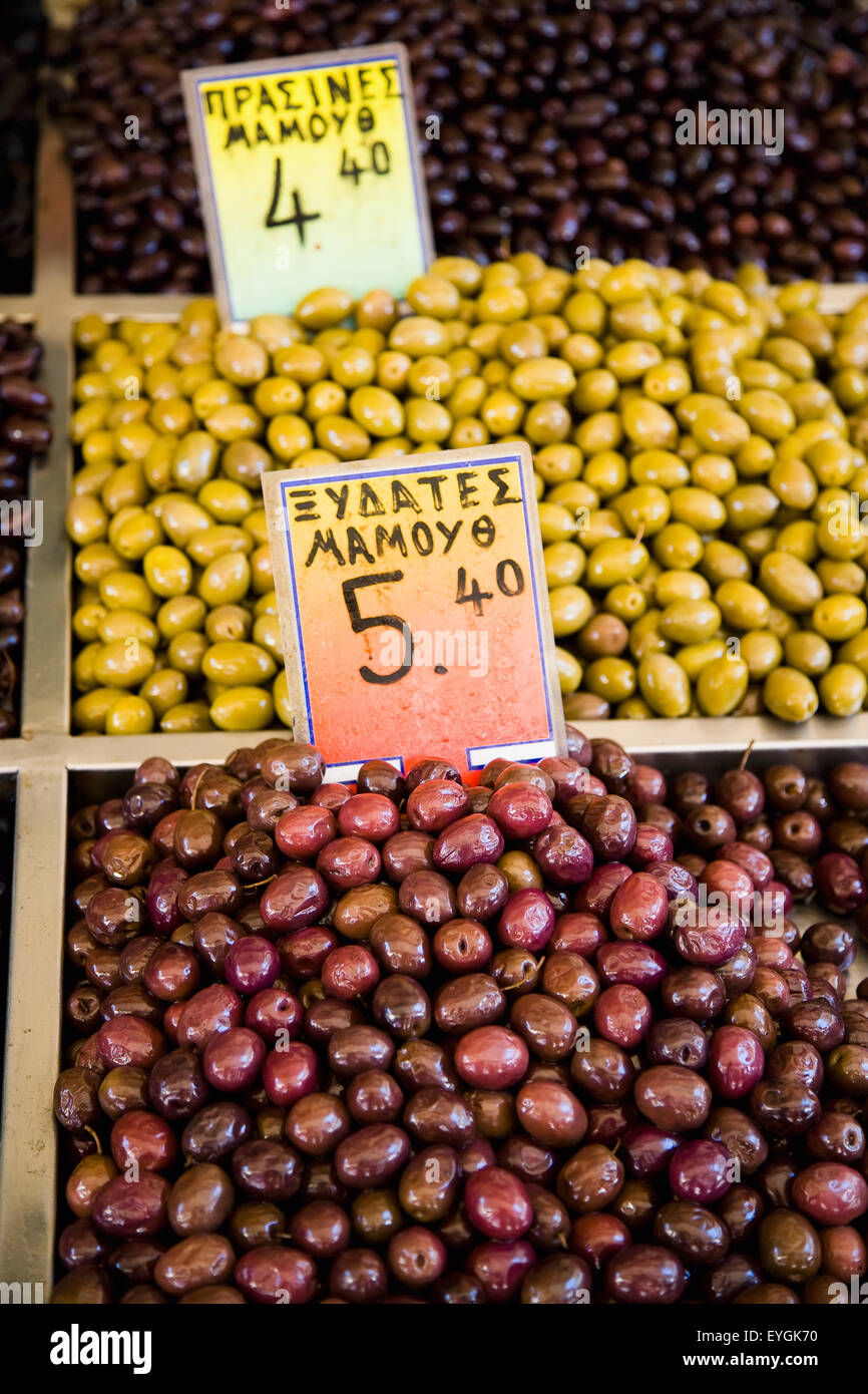 Greece, Variety of Greek olives for sale at market stall; Thessaloniki ...