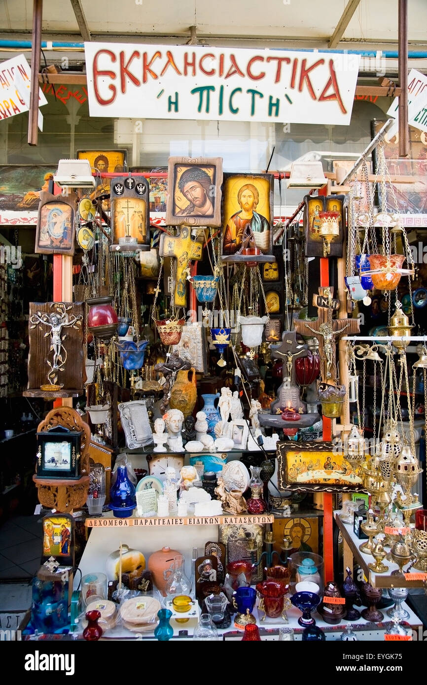 Greece, Icons censers and other religious items for sale at market ...