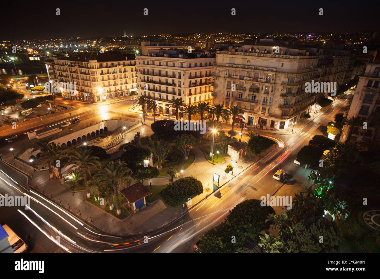 Algeria, Night view of city and port from Place de la Grande Poste ...